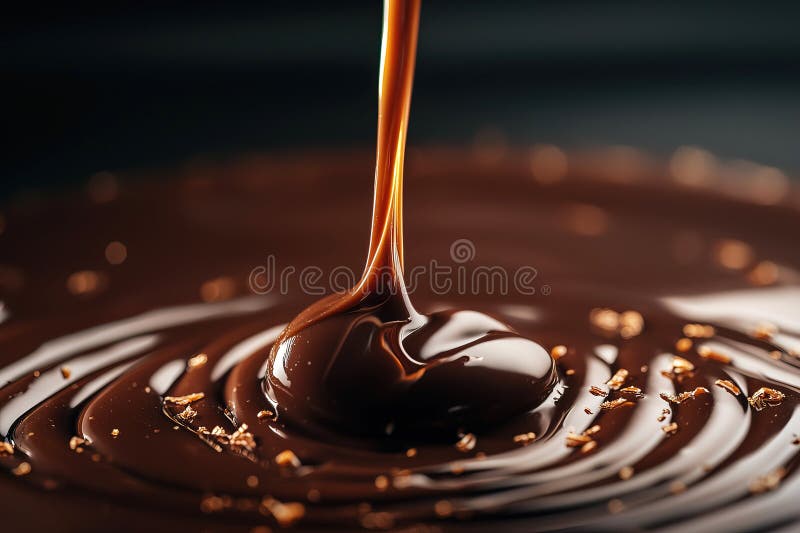 Pouring Melted Chocolate, Closeup Hot Liquid Chocolate Flows Stock ...