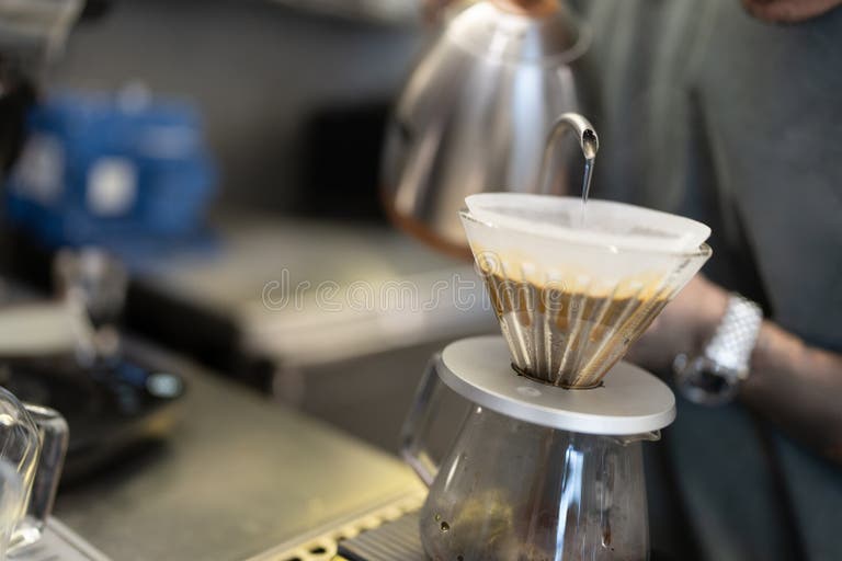 Pouring Method of Water Over Filtered Roasted and Ground Coffee Beans ...