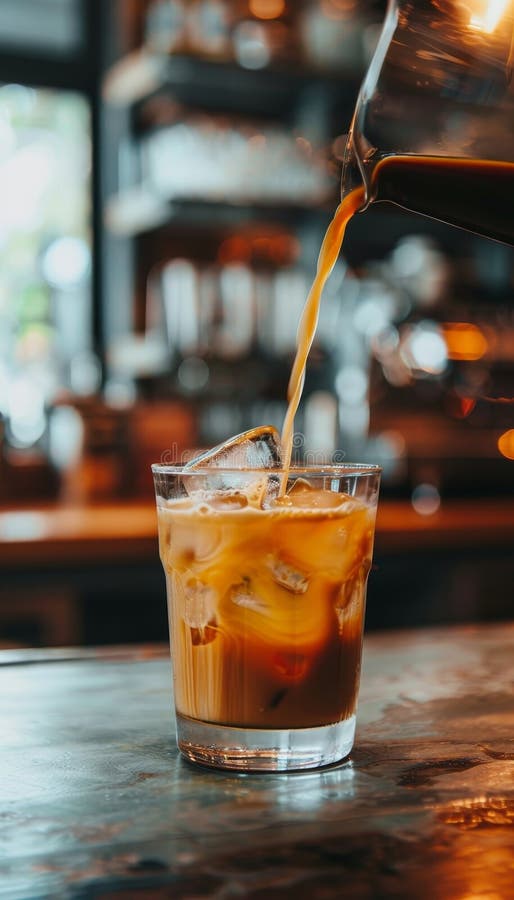 Pouring Milk into Iced Coffee on a Bright Table, the Process of Making ...