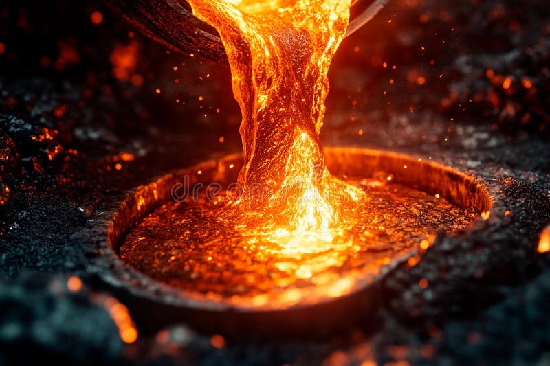 Pouring Molten Lava into a Mold during an Intense Volcanic Eruption ...
