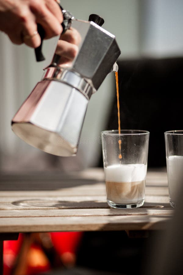 Pouring Morning Coffee from a Moka Pot Stock Image - Image of espresso ...