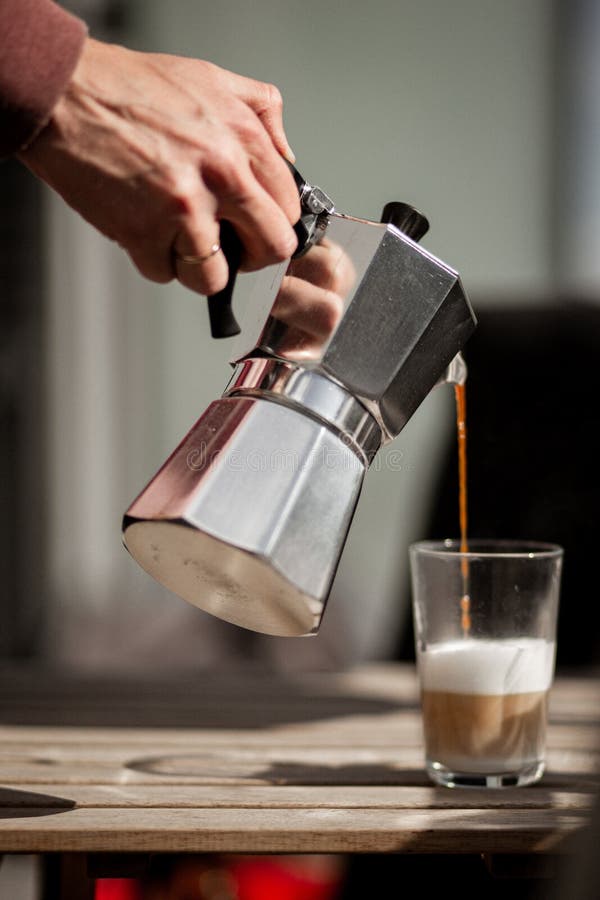 Pouring Morning Coffee from a Moka Pot Stock Image - Image of espresso ...