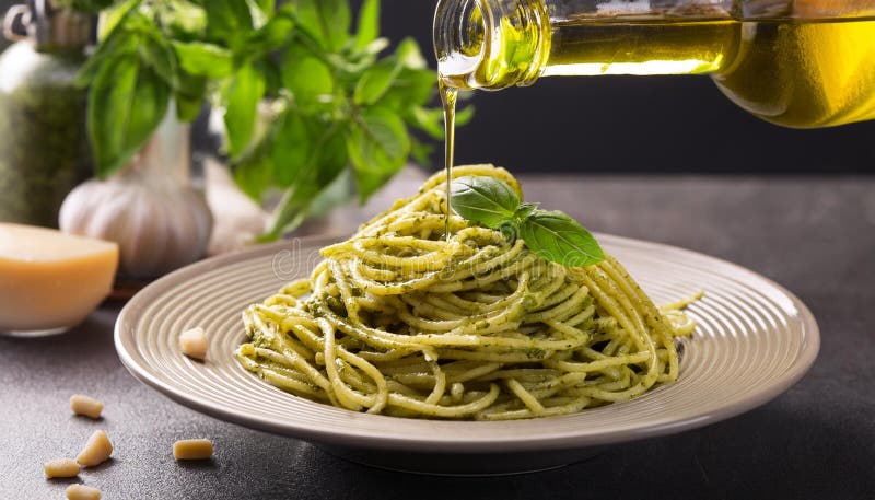 Pouring Oil on a Dish of Spaghetti Al Pesto, AI Generated Stock ...