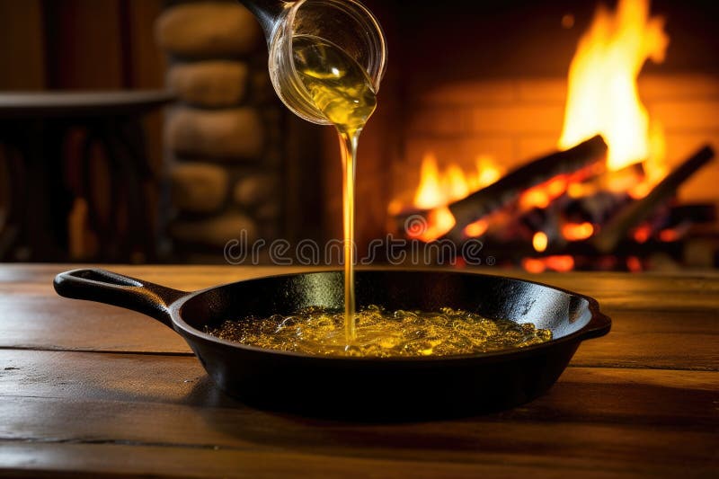 Pouring Oil into a Hot Skillet in Front of a Roaring Fire Stock ...