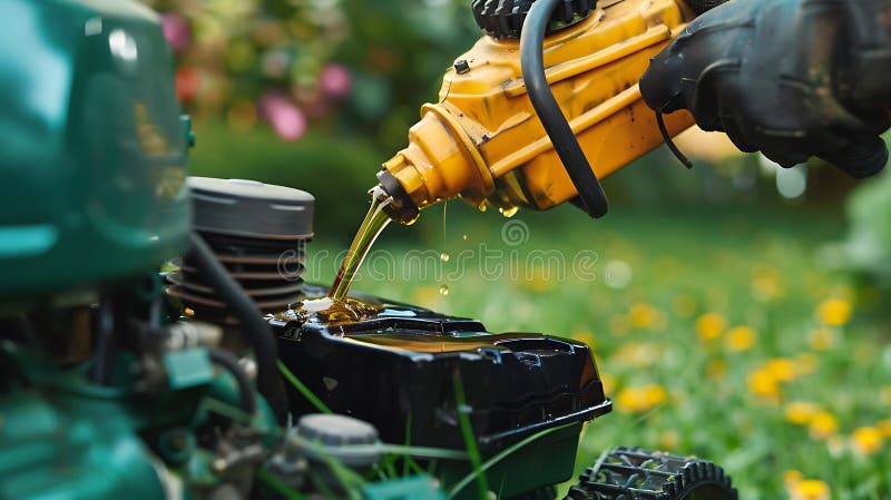 Pouring Oil into a Machine Engine To Maintain the Lawn Mower Stock ...