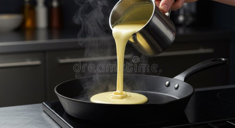 Pouring Pancake Batter into a Hot Pan Stock Illustration - Illustration ...