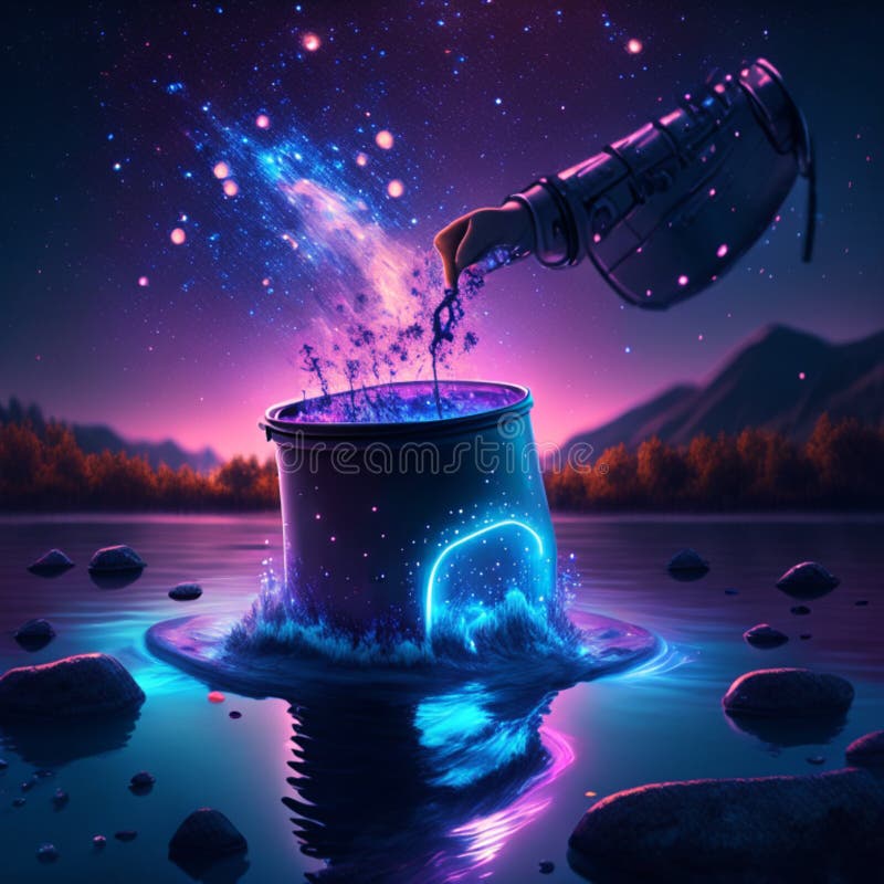 Pouring Potion from Magic Cauldron into Water. 3d Illustration AI ...