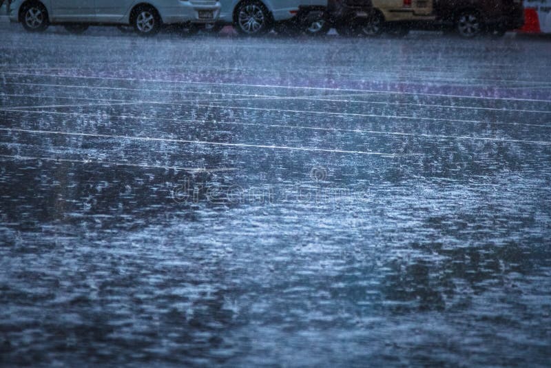 The Pouring Rain, with a Thunderstorm and a Thunder, Water Flows on ...