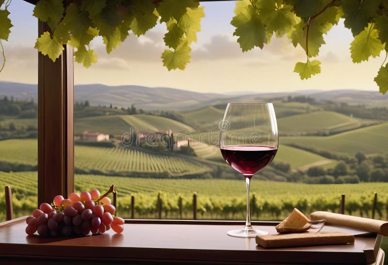 Pouring Red Wine Glass with Vines Landscape Stock Illustration ...