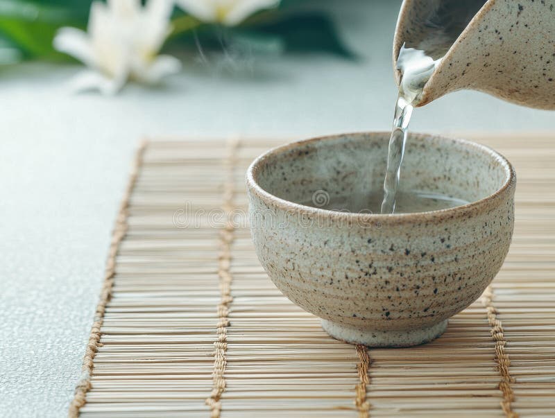 Pouring Tea into Ceramic Cup on Bamboo Mat Stock Illustration ...