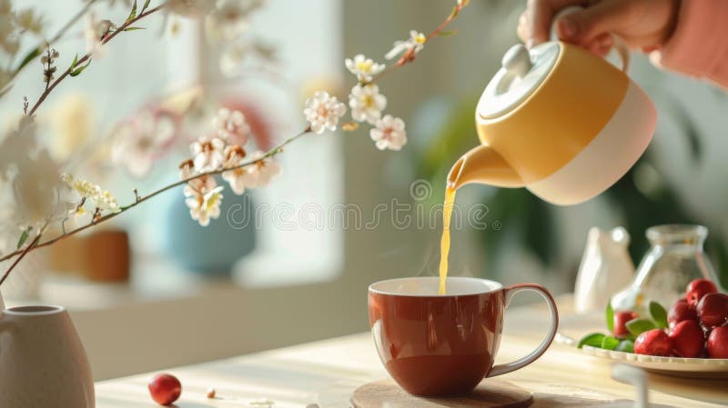 Pouring Tea into a Cup with Cherry Blossoms in the Background Stock ...