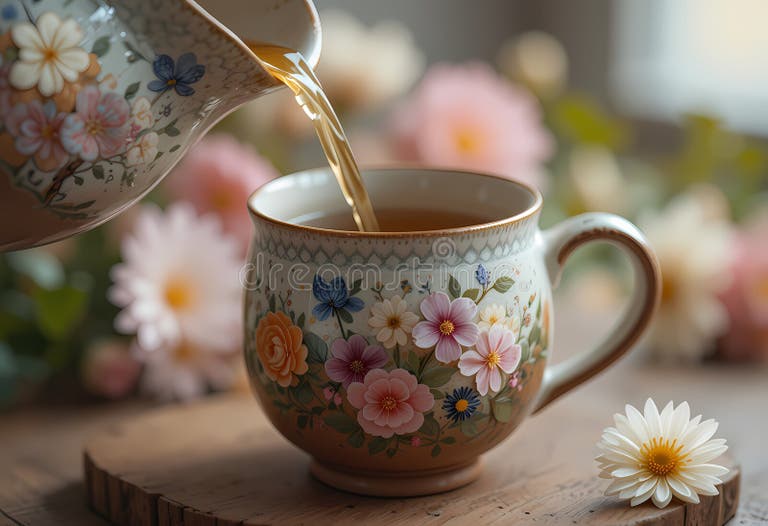 Pouring Tea into a Floral Teacup Stock Illustration - Illustration of ...