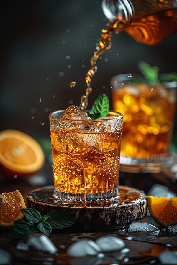 Pouring Tea into Glasses on the Table, in the Style of Dark Orange and ...