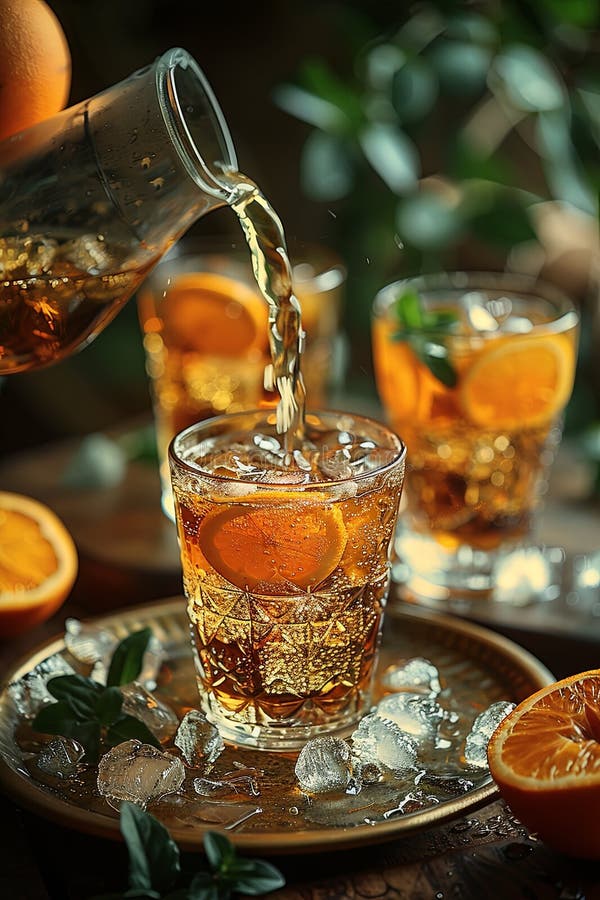 Pouring Tea into Glasses on the Table, in the Style of Dark Orange and ...