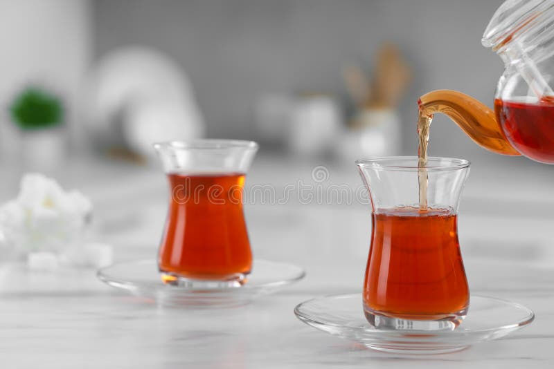 Pouring Traditional Turkish Tea Pot Glass Table Space Text Stock Photos ...