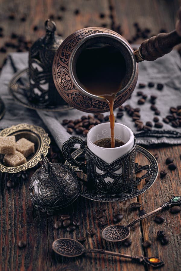 Pouring turkish coffee stock photo. Image of table, morning - 155390176