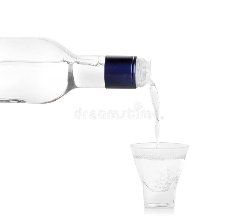 Pouring Vodka from Bottle in Glass on White Background Stock Image ...