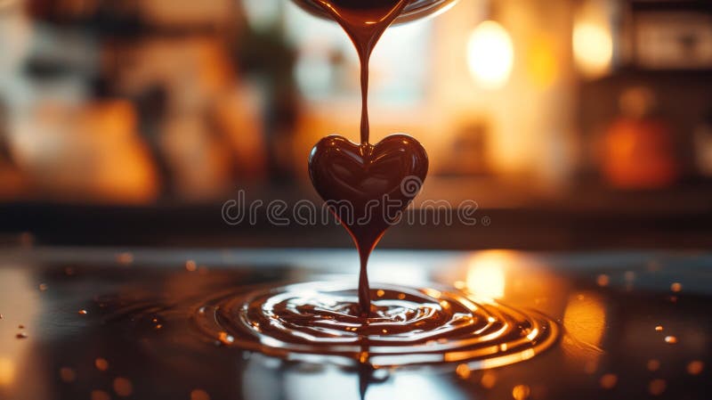 Pouring Warm Chocolate into Heart-Shaped Design on Table Surface Stock ...