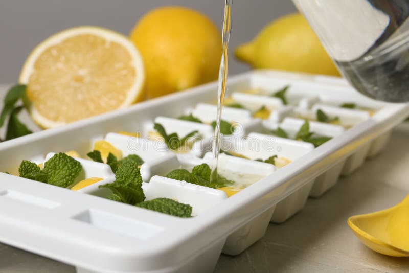 Pouring Water into Ice Cube Tray with Mint and Lemon on Table Stock ...