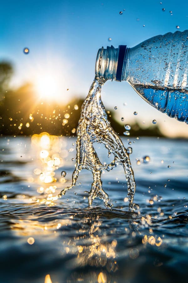Pouring Water from a Plastic Bottle into a Tranquil Lake Under a Bright ...