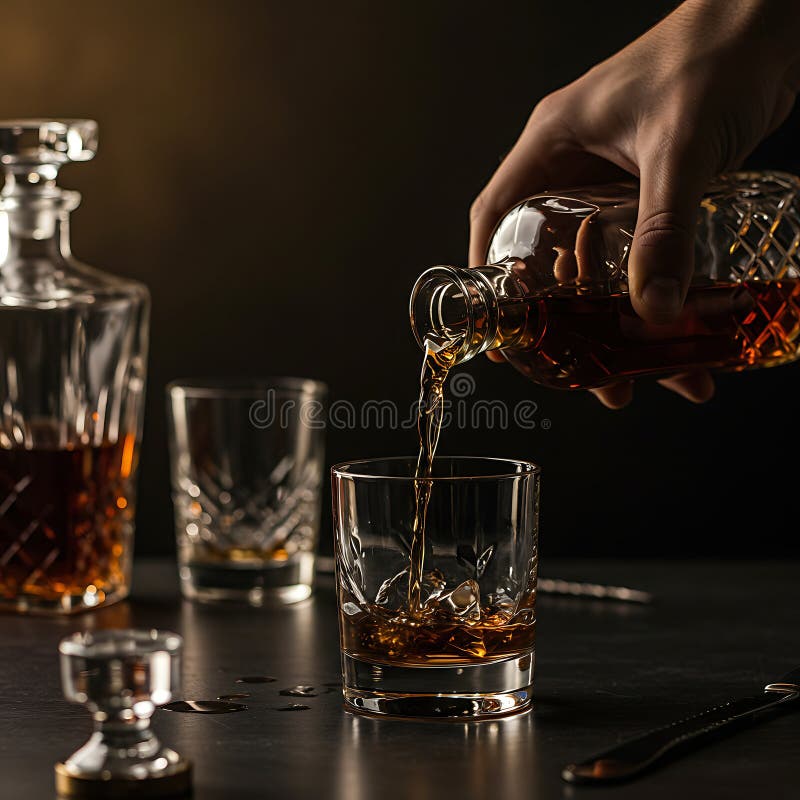 Whiskey Pour: Decanter Filling Glass on Dark Surface with Second Glass ...