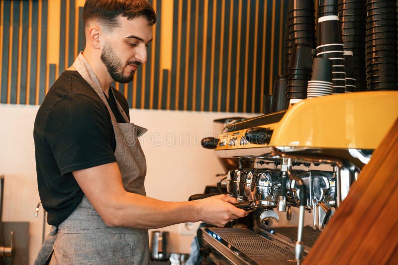 Pours a Drink by Using Special Machine. Man is Serving Delicious Street ...