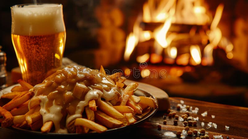 Poutine and Beer by the Fireplace Stock Image - Image of french, meal ...