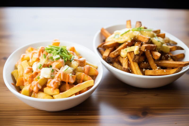Poutine with Different Cheese Options, Side by Side Stock Image - Image ...