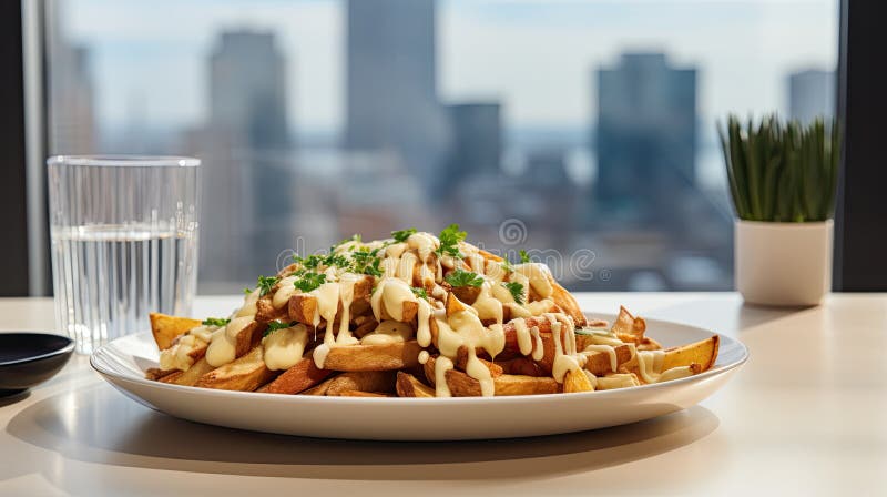 Poutine on a Plate on the Dining Table, Ready To Eat.Generative AI ...