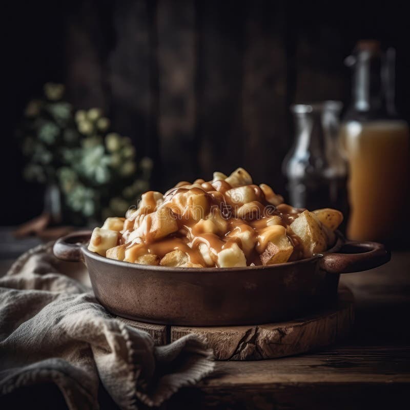 Poutine on Stone in Rustic Pub. Generative AI Stock Illustration ...