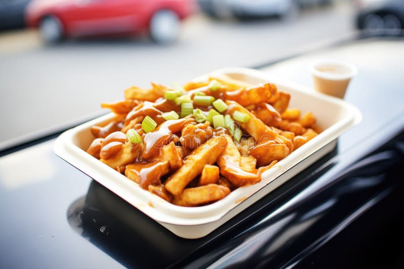 Poutine in a Takeout Container, on a Car Dashboard Stock Photo - Image ...