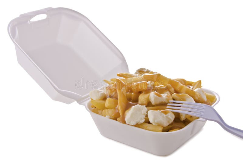 Poutine in a Take Out Container. Cooked with French Fries. Stock Image ...