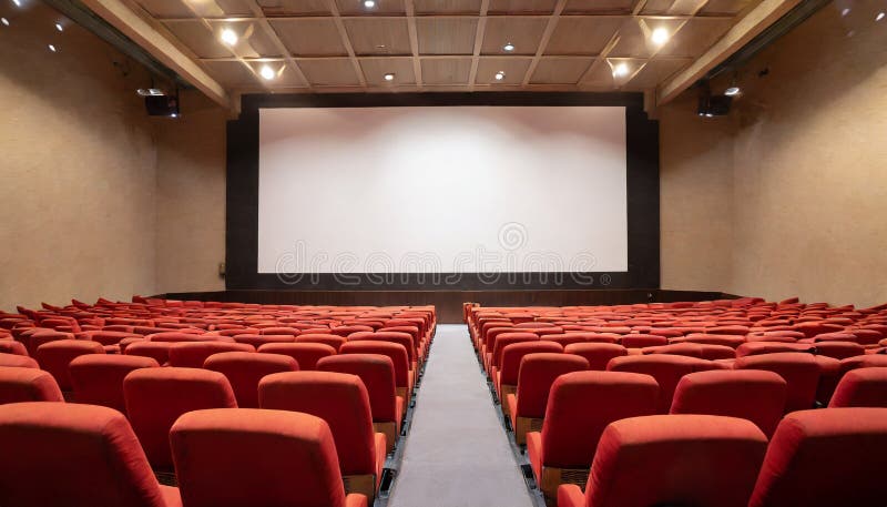 Empty Cinema with Red Chairs and White Blank Screen Stock Illustration ...