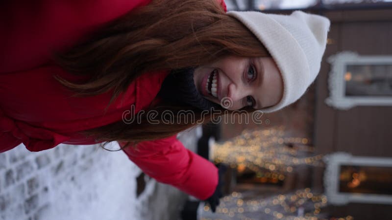 Pov Phone Camera View Of Young Beautiful Woman In Warm Winter Clothes Smiling Talking And 0515