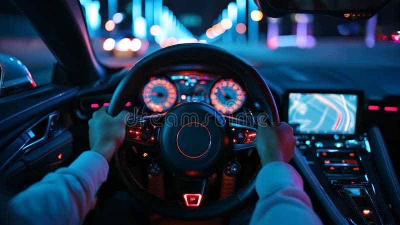 Pov View of Hands of Driver Holding Wheel, Windshield and Navigation ...