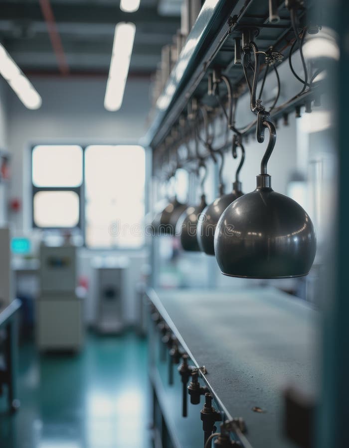 Powder Coating Booth with Suspended Parts on Conveyor Hooks Stock Image ...