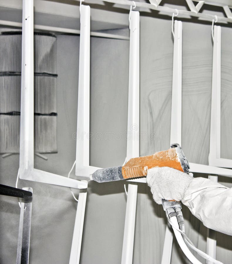 Powder Coating of Metal Parts. a Woman in a Protective Suit Sprays ...
