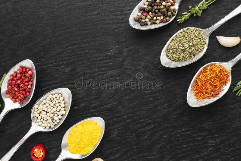 Powder Condiments Aligned Spoons Photo Stock Image - Image of device ...