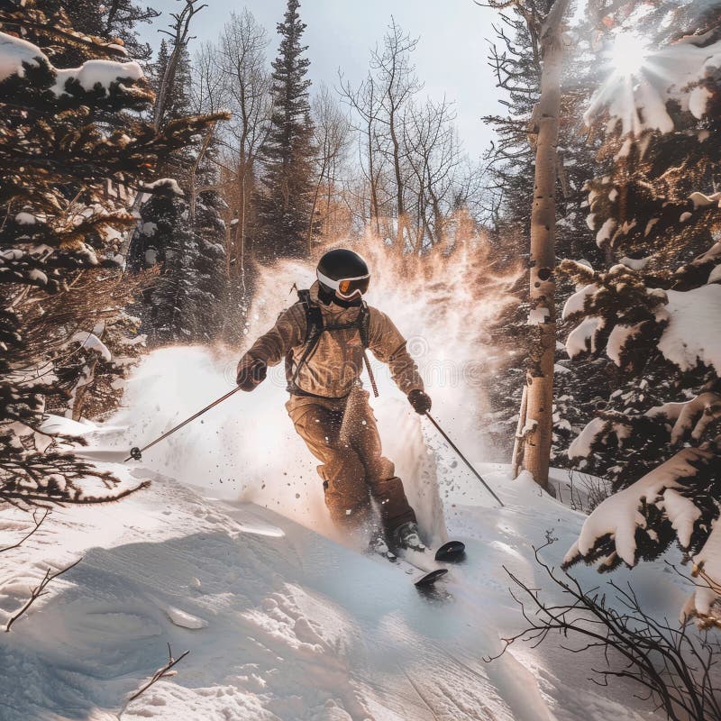 Powder Day Bliss Lone Skier Carves through Sun-Drenched Forest, Leaving ...