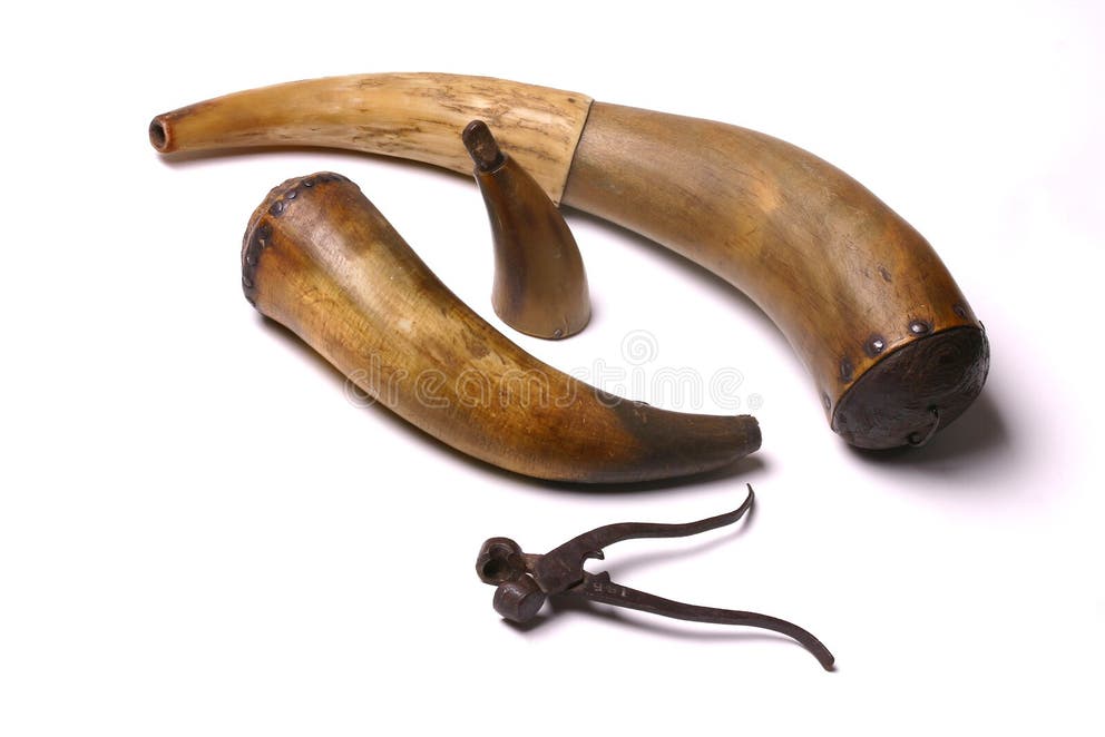 Powder Horns, Percussion Cap Holder, and Bullet Mold Stock Photo ...