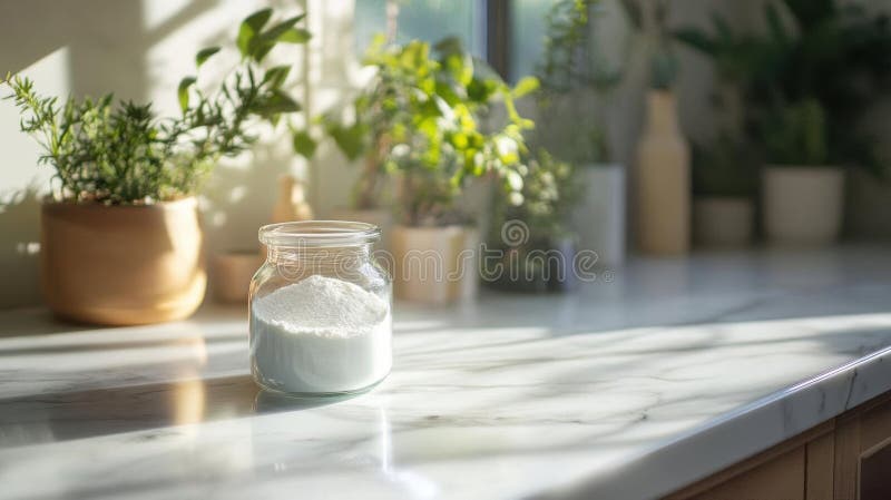 Powder in Jar on Counter with Plants in Background and Sunlight Theme ...