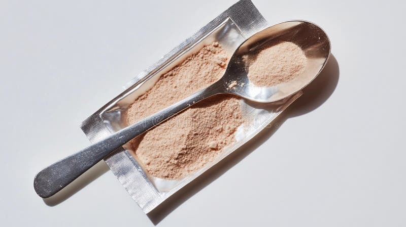 Powder Substance on a Silver Spoon Placed beside an Empty Foil Packet ...