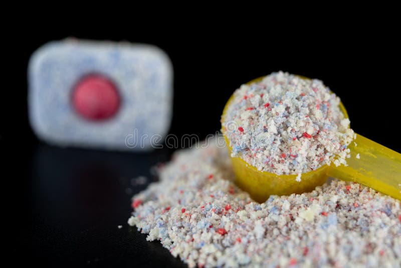 Powder and Tablets for the Dishwasher on the Kitchen Table. Cleaning ...