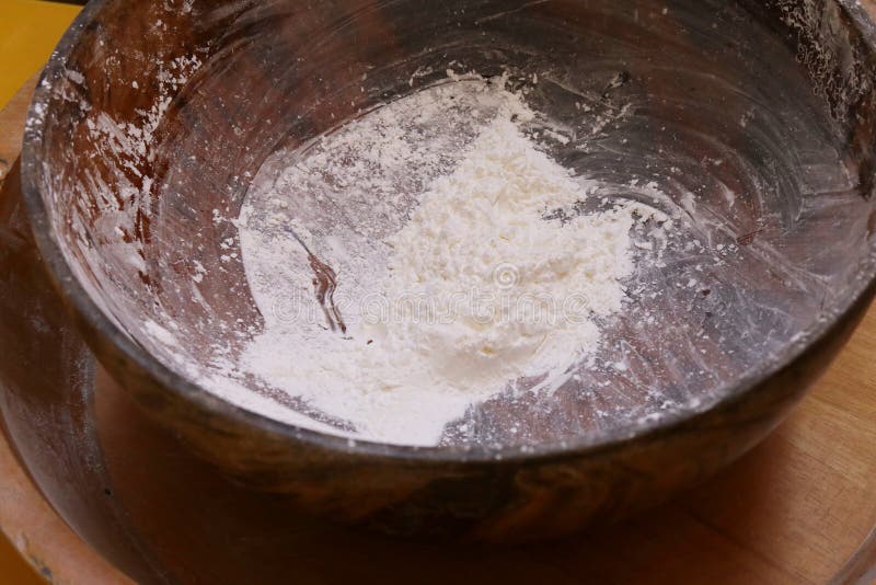 Powder in wood bowl stock photo. Image of bakery, flour - 69708572