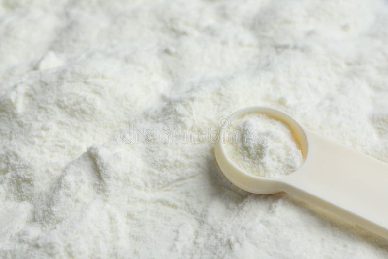 Powdered Infant Formula and Scoop, Closeup with Space for Text. Baby ...