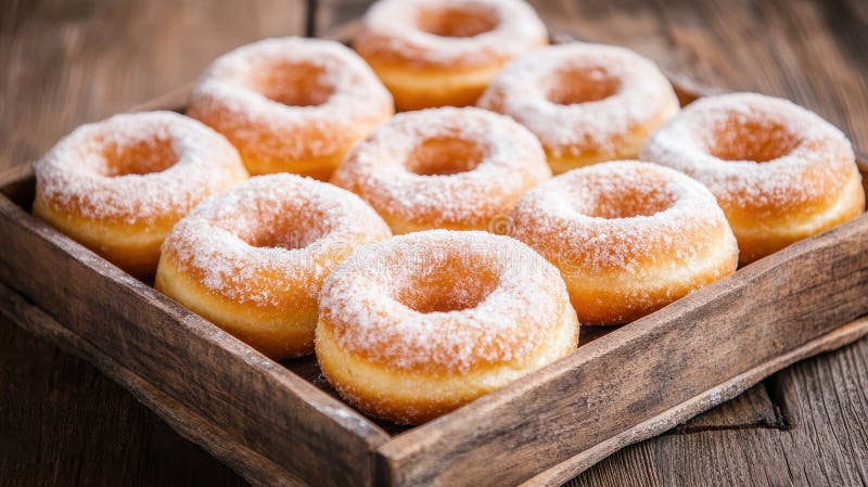Powdered Perfection: a Delicious Array of Donuts in a Wooden Tray on a ...