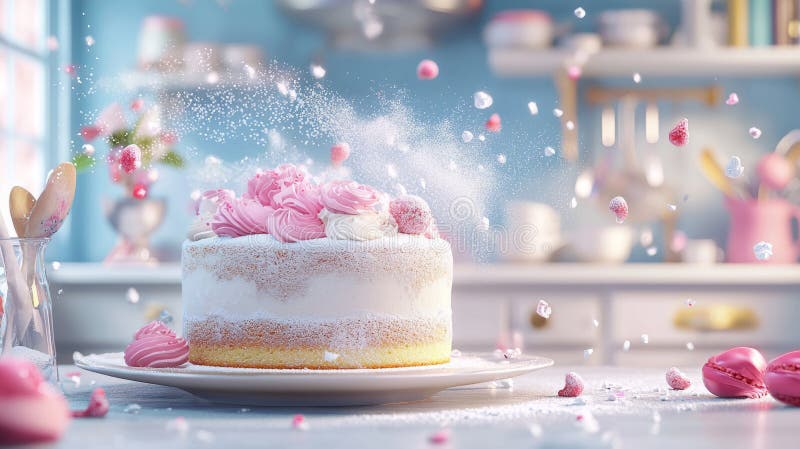 Powdered Sugar Drifting in Soft Motion Over a Cake in a Dreamy Kitchen ...
