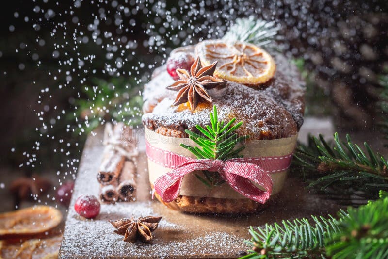 Powdered Sugar Falling on Gingerbread Cake for Christmas Stock Photo ...