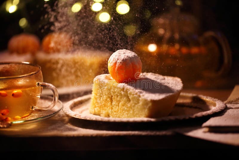 A Piece of Sponge Cake with Tea Stock Photo - Image of icing, chocolate ...