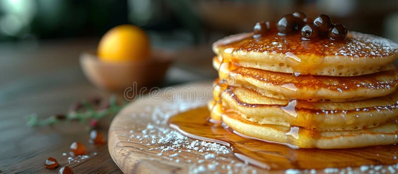 Powdered Sugar Sprinkle Over Stack of Pancake with Candied Maple Fruit ...